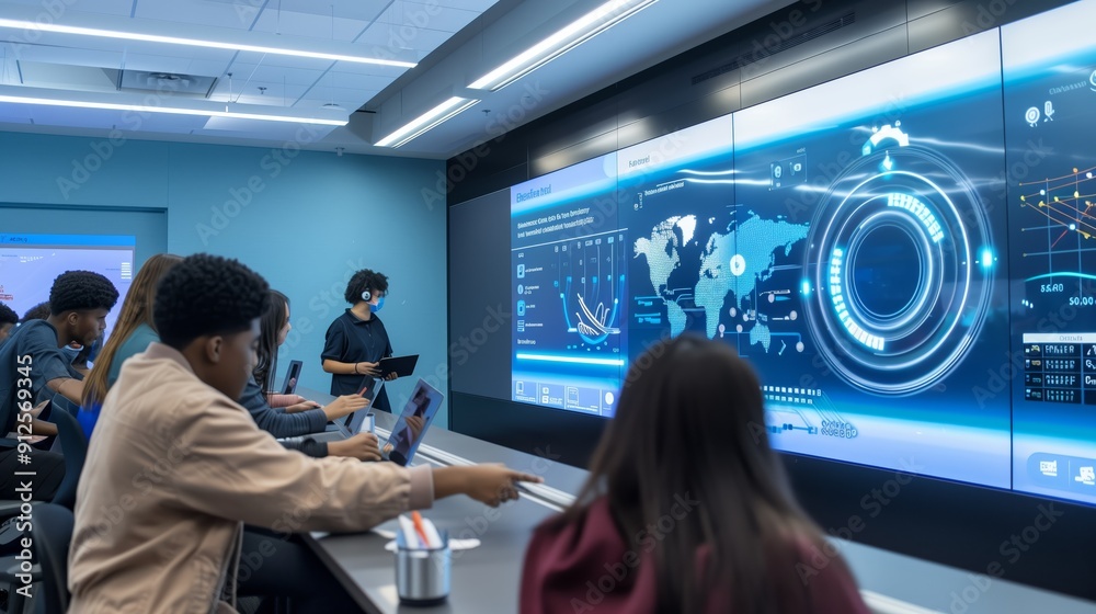 Foto de Students using laptops and tablets to analyze data projections ...