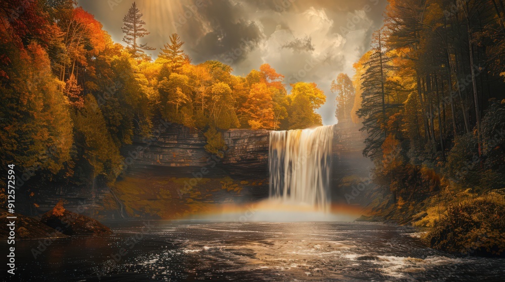 waterfall hidden among trees ablaze with fall colors, with a rainbow ...