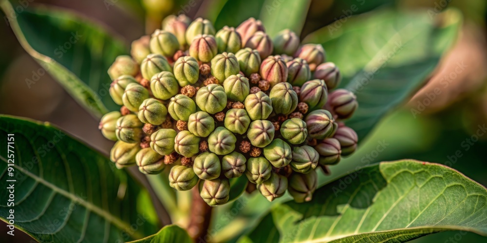 Green flower buds of a common milkweed, Asclepias syriaca, milkweed ...