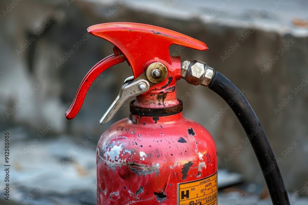Old, damaged fire extinguisher is losing its paint and showing signs of ...