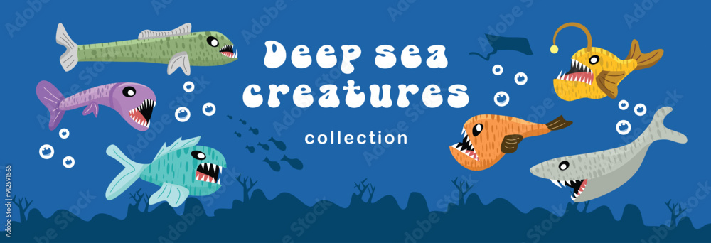 Deep sea fish vector illustratin. Underwater creatures. Deep sea ...