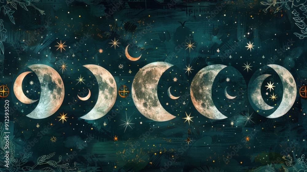 Artistic illustration of lunar phases with glowing moons in circles ...