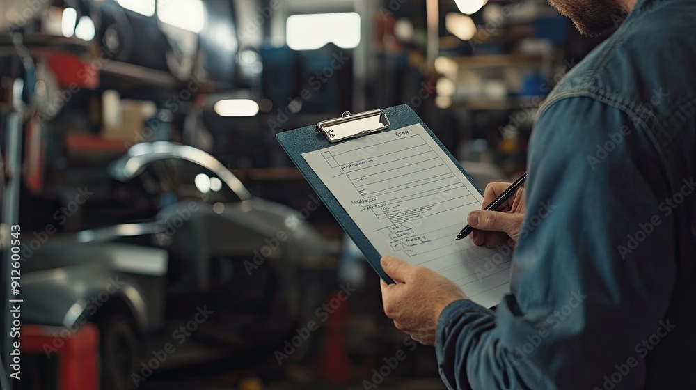 Auto technician filling out a job checklist on a clipboard in a busy ...