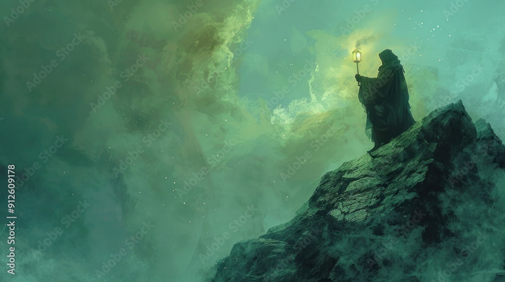 Symbolism Art Style of Tarot Card of the Hermit, Mystical Hermit on a ...