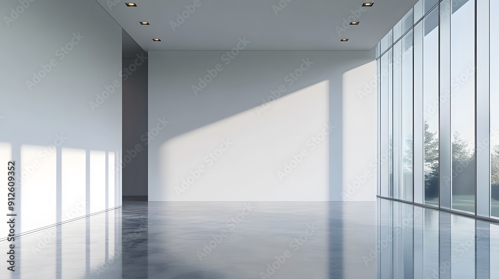 Minimalist empty room, stark white walls, glossy reflective floor, recessed LED ceiling lights ...