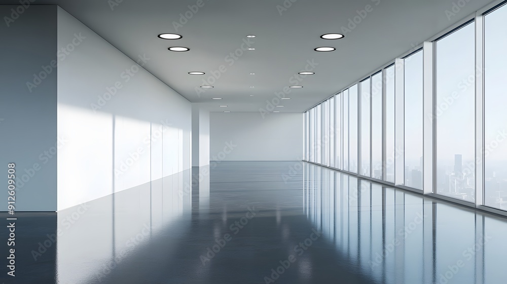 Minimalist empty room, stark white walls, glossy reflective floor, recessed LED ceiling lights ...