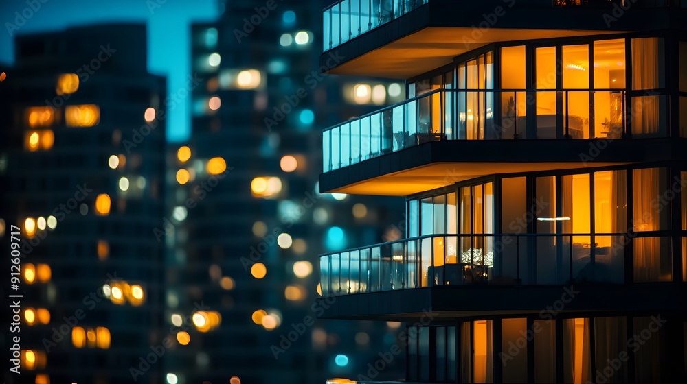 Modern apartment building at deep night, illuminated balconies, floor ...