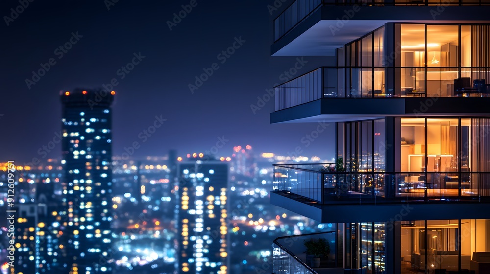 Modern apartment building at deep night, illuminated balconies, floor ...