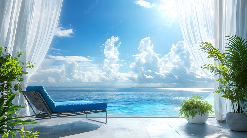 Oceanfront balcony view, floor-to-ceiling glass window, azure blue sky ...