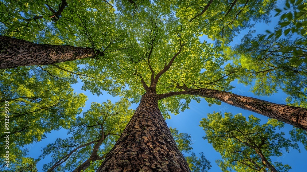 Towering forest canopy, upward view, vibrant green treetops, clear ...