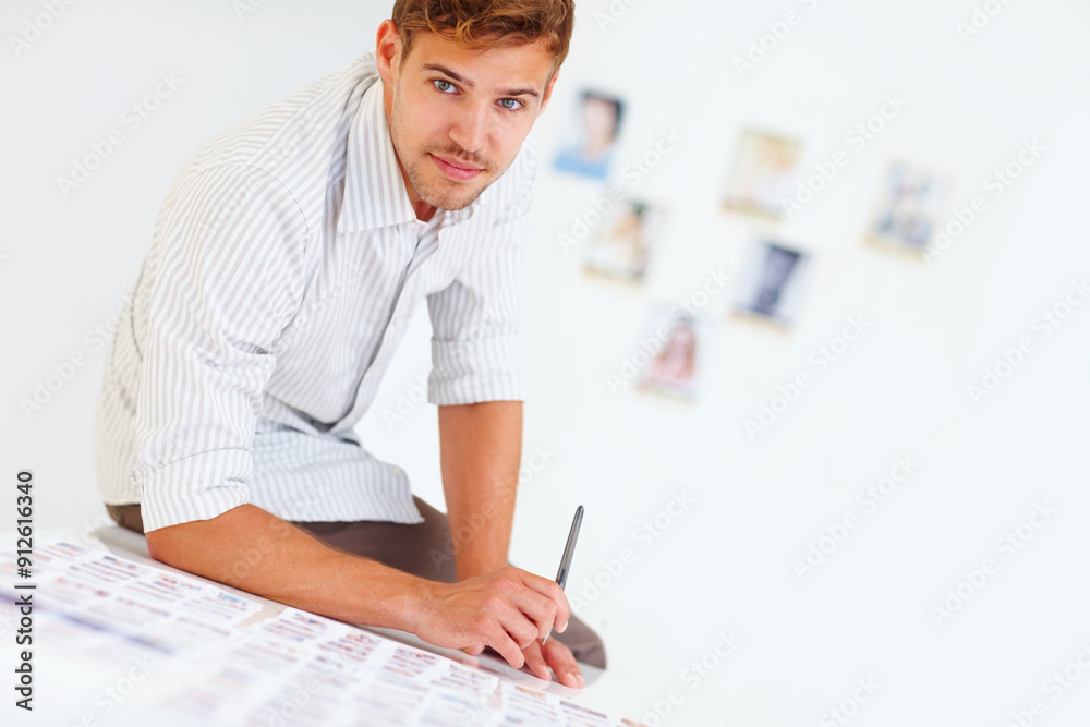 Man, portrait and review photography in office, photographer and ...