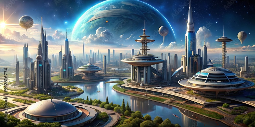 Futuristic concept of a bustling space settlement with advanced ...