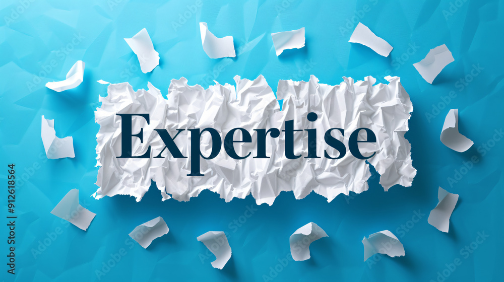Expertise word on crumpled paper surrounded by paper bits, set against ...