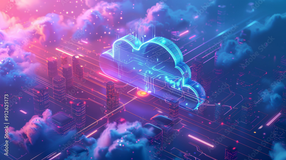 Digital illustration of cloud computing infrastructure with ... Digital illustration of cloud computing infrastructure with ...