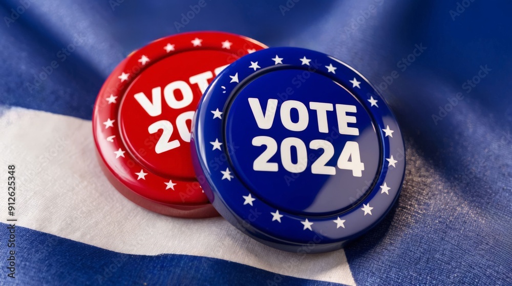Blue and red button with stars, with the words vote 2024, concept of ...