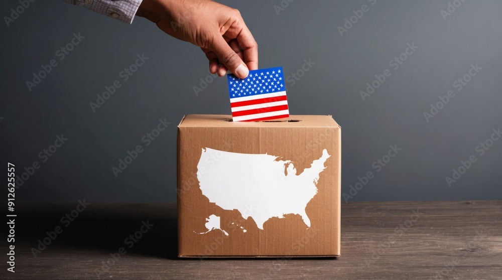 Cardboard box with silhouette of USA map on the box, hand of a person ...