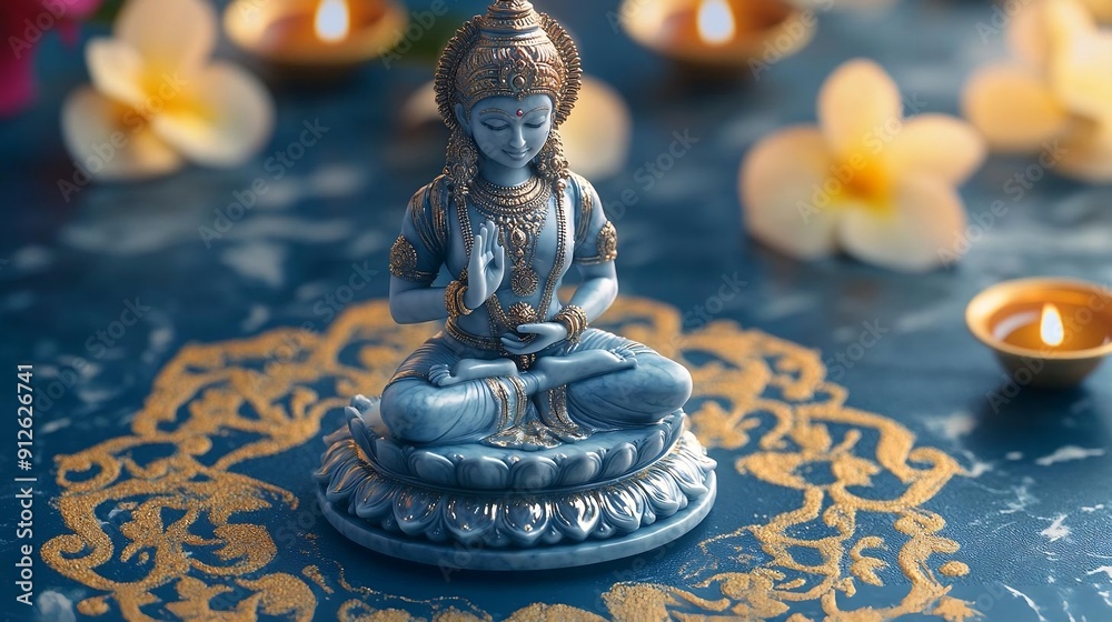 Blue statue of Hindu goddess Lakshmi on gold rangoli pattern background ...