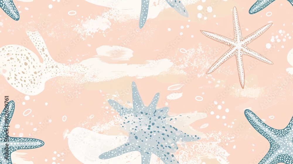 This seamless pattern highlights sea sponges and starfish in a ...