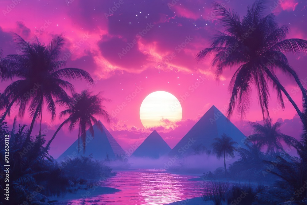 retrofuturistic landscape with neonlit pyramids and palm trees vibrant ...