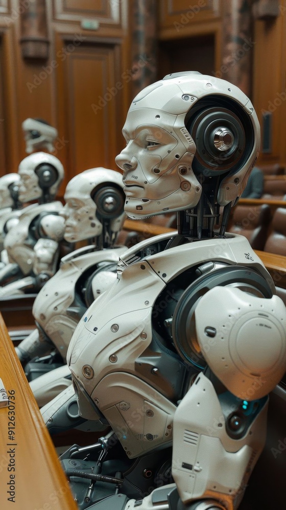 Robots serving as jurors in a courtroom setting, representing the ...