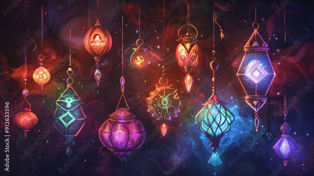 Magical amulets and talismans glowing with mystical energy against a ...