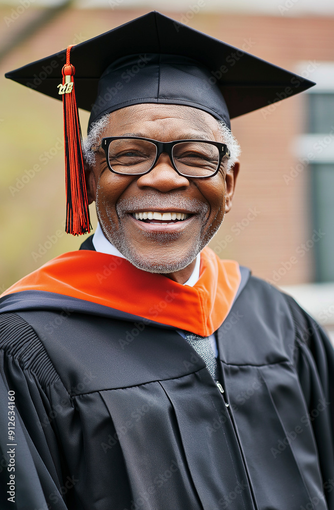 um feliz graduado afro-americano sênior com boné de formatura e capa ...
