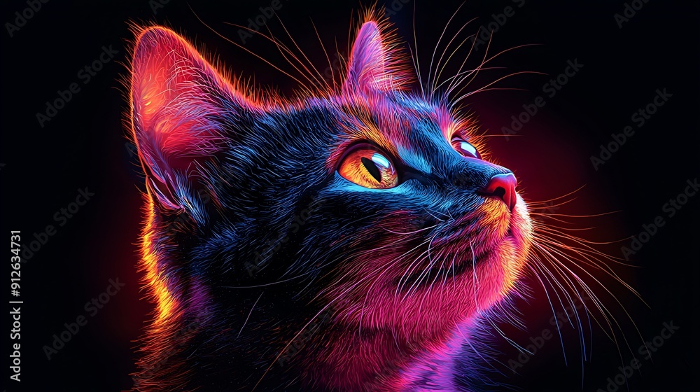 ภาพประกอบสต็อก Detailed cat artwork in bright neon colors with black ...