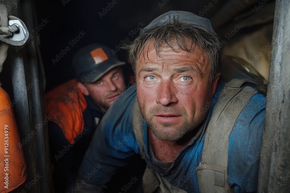 Two miners, faces covered in dirt, navigate through a narrow ...