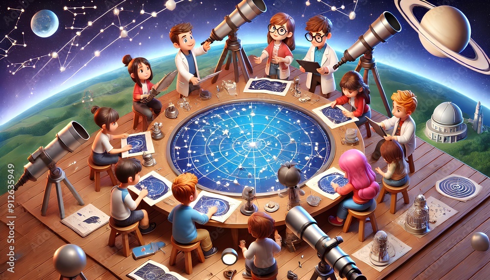 3D cartoon characters at an observatory, charting stars and ...