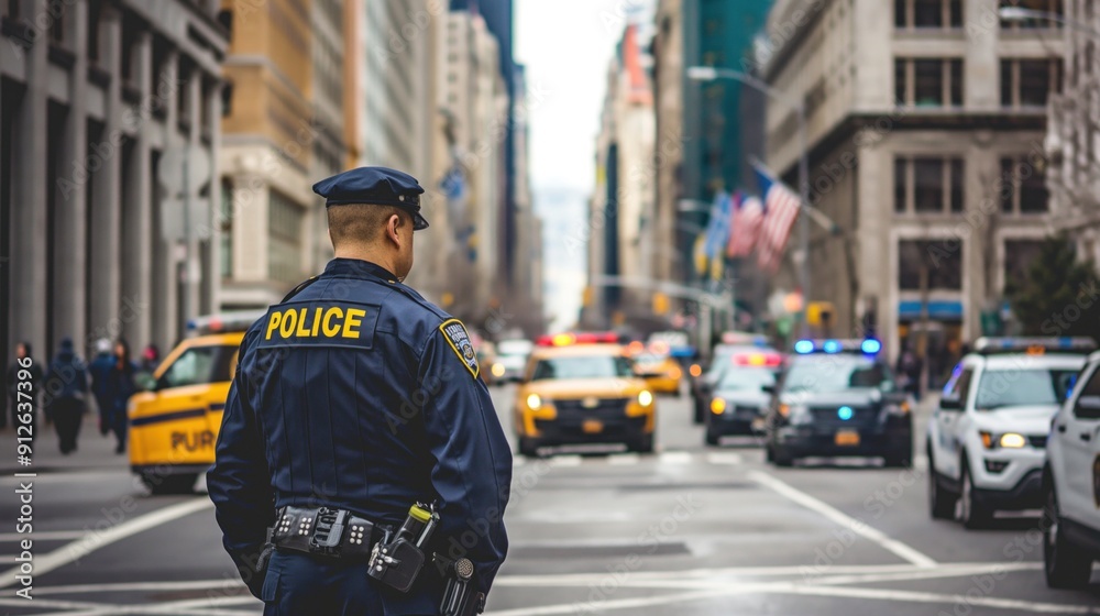 Police officer patrolling urban streets, ensuring public safety and ...