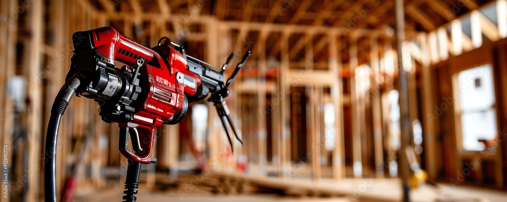 Compressor powering a pneumatic nail gun, residential construction site ...