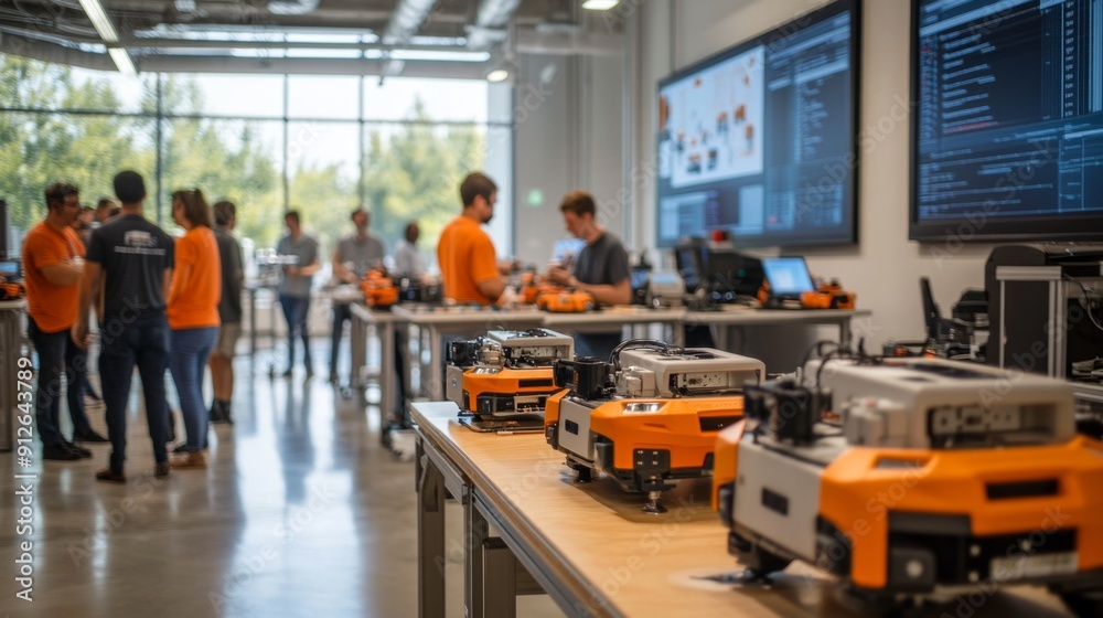 Swarm robotics research facility, large open space with numerous small ...