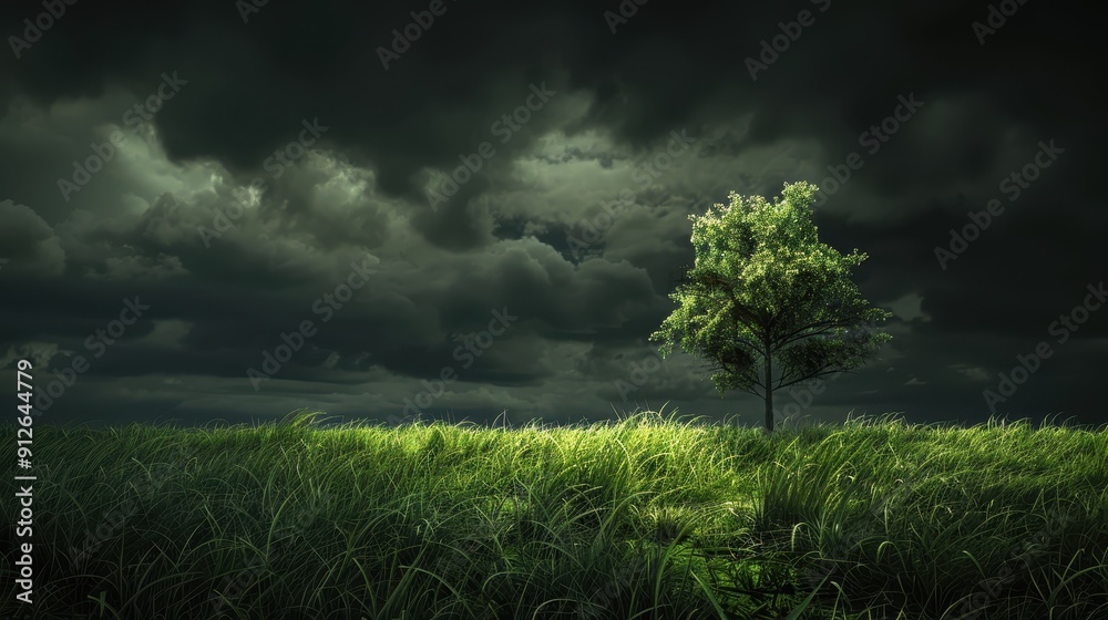 Single tree illuminated from above in a dark, stormy field Stock Photo ...