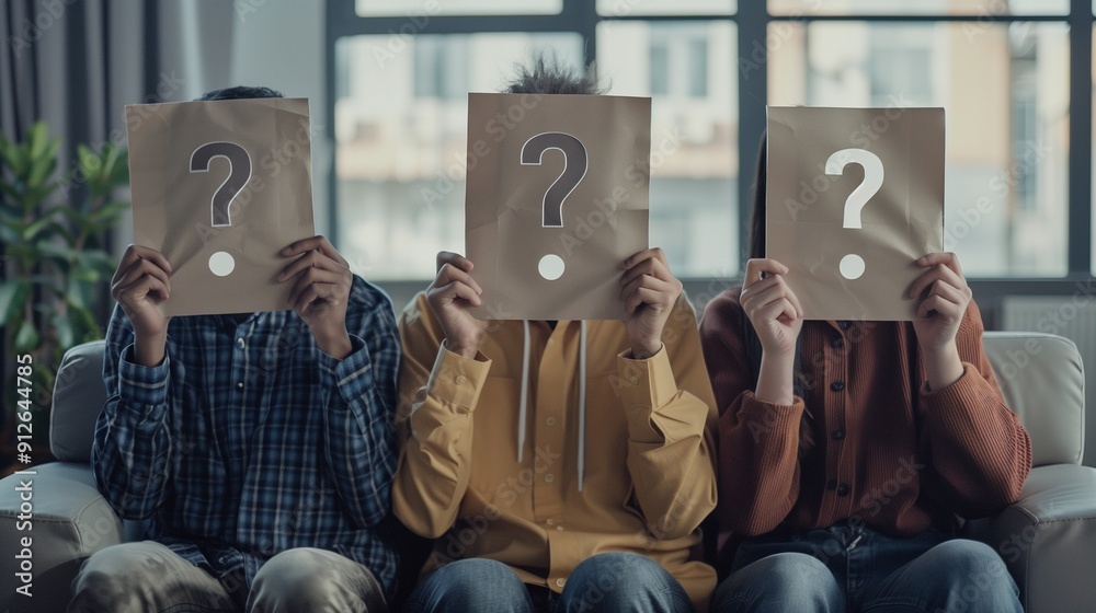 Young people hiding faces behind paper sheets with question marks while ...