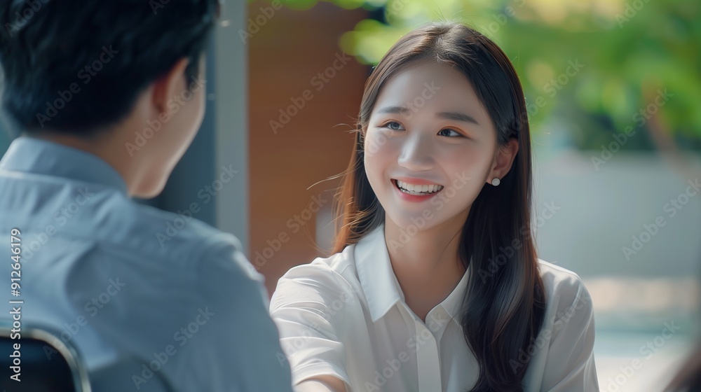 Smiling successful young asian applicant handshake with hr manager ...