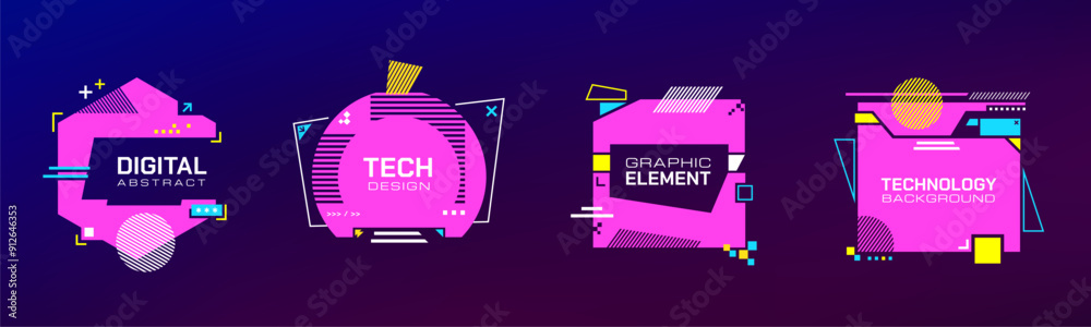Tech banners. Futuristic digital glitchy borders with tech geometric ...