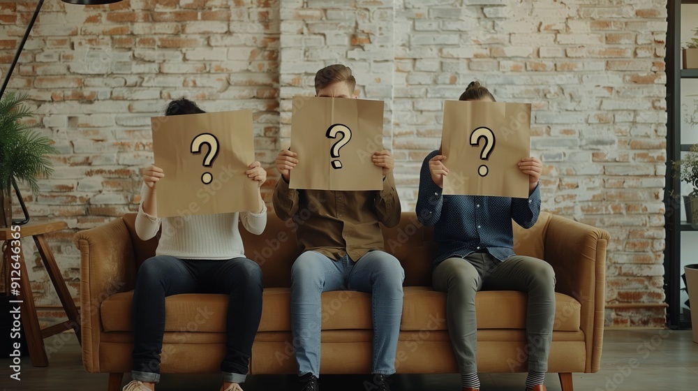 Young people hiding faces behind paper sheets with question marks while ...