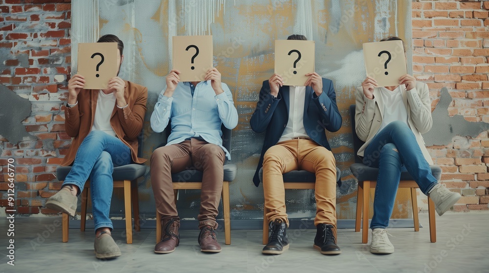 Young people hiding faces behind paper sheets with question marks while ...