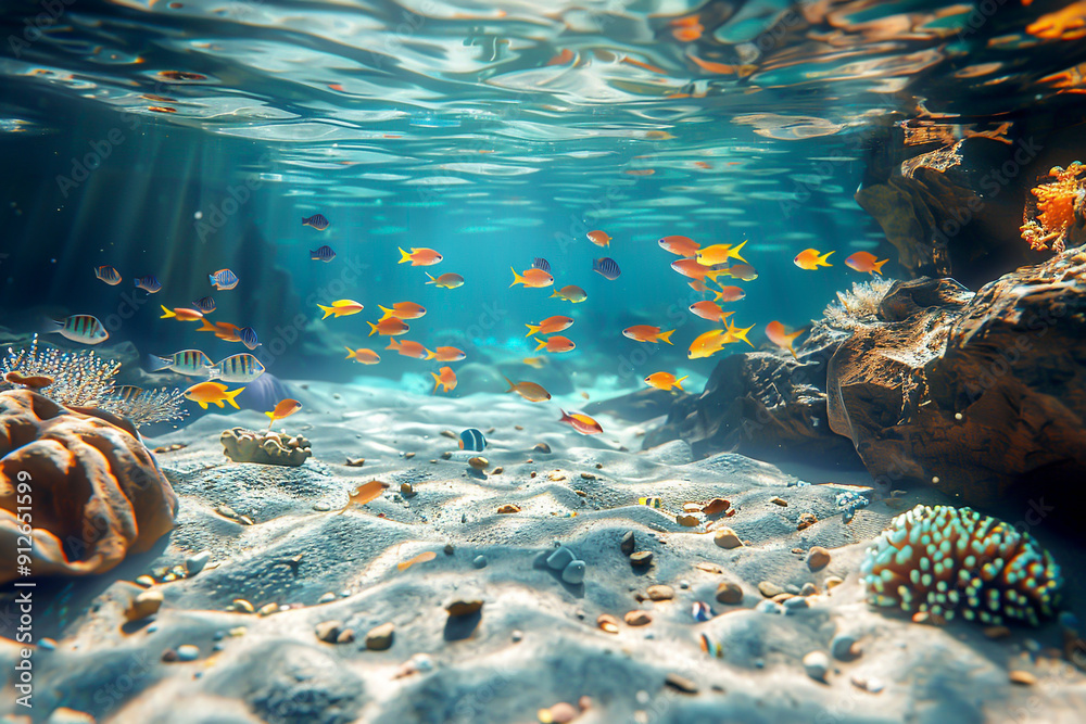 Clear blue tropical ocean, sandy seabed visible, schools of fish ...