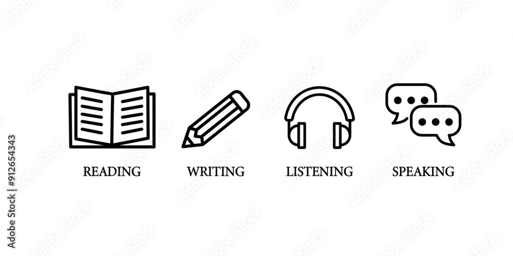 Language skill icon set speaking listening reading writing education ...