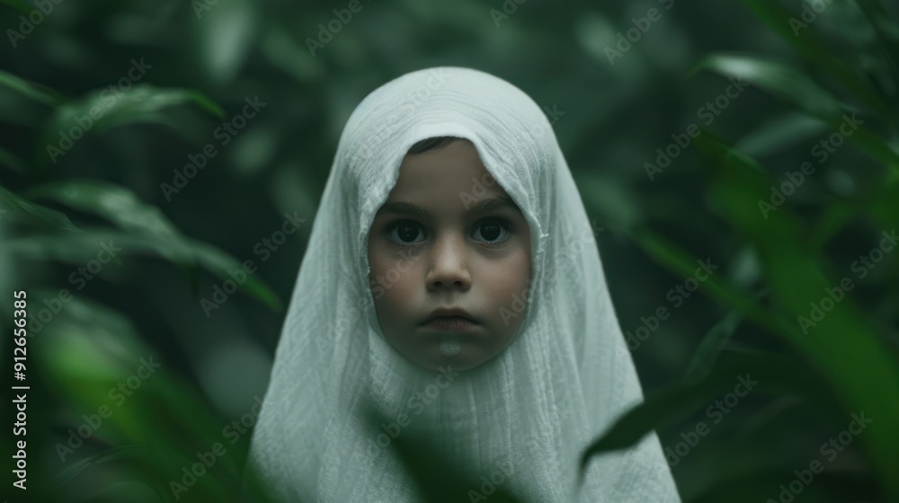 A ghostly child with a sad expression, standing amidst the thick jungle ...