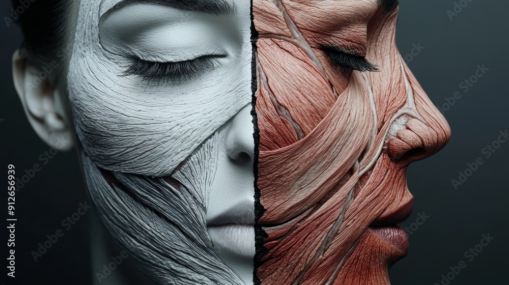 A woman's face is split in half, showing both skin and underlying ...
