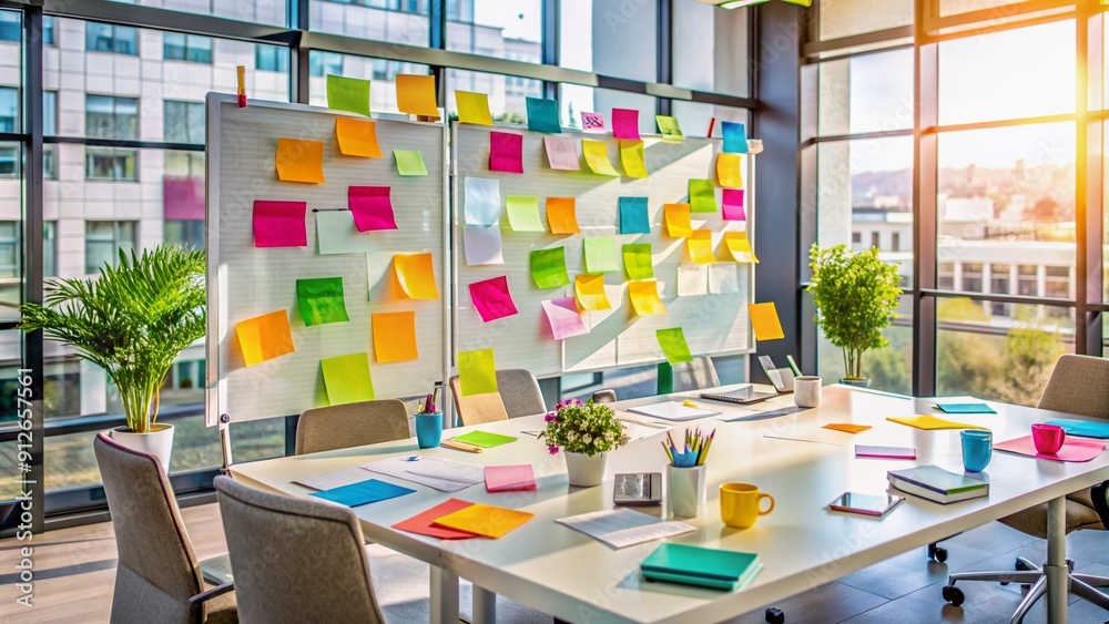 Colorful sticky notes and whiteboards filled with diagrams and ideas ...