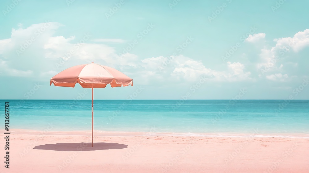 surreal island aesthetic with a pastel pink beach umbrella on pink sand ...