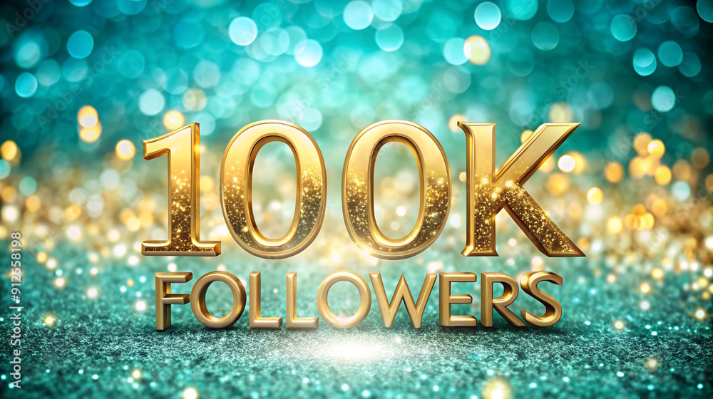 100k followers gold text on blurred glitter background. social media ...