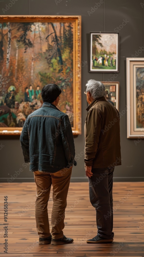 Two men discuss their thoughts on various artworks in a gallery setting ...