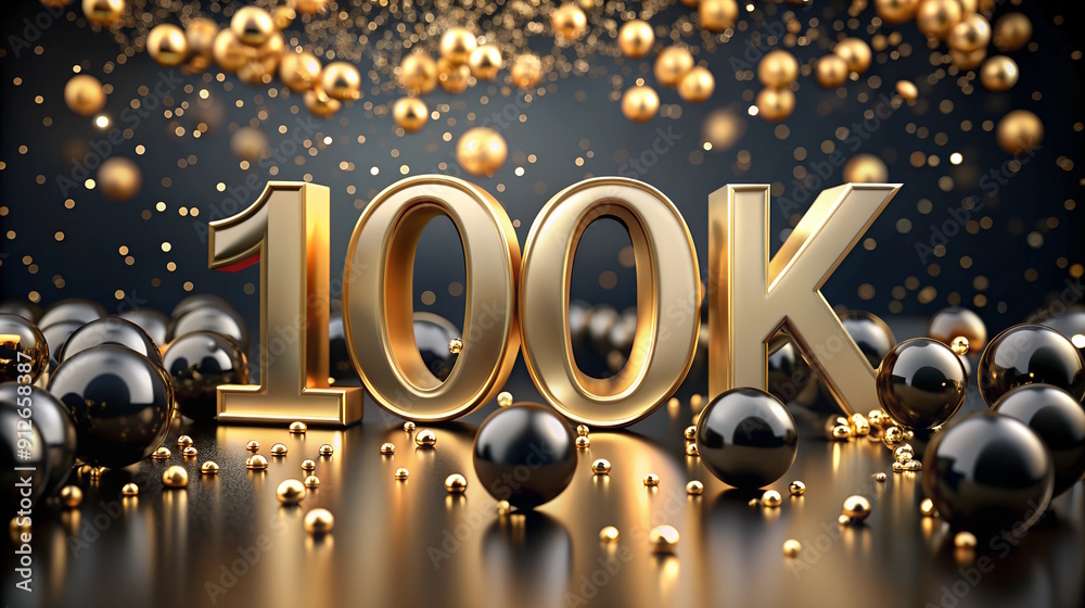 100k followers golden text with black balloons on blurred glitter ...