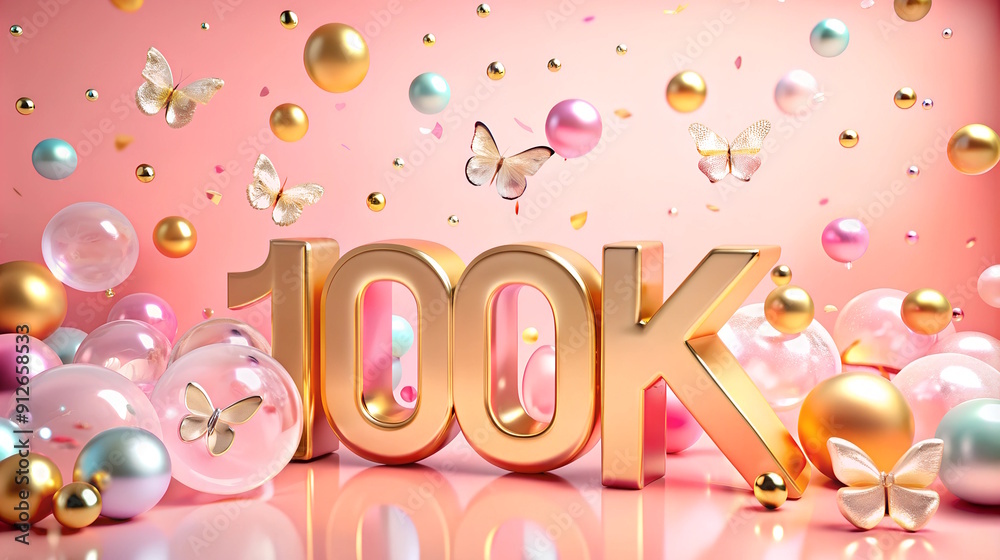 100k followers gold text with butterflies on blurred glitter background ...