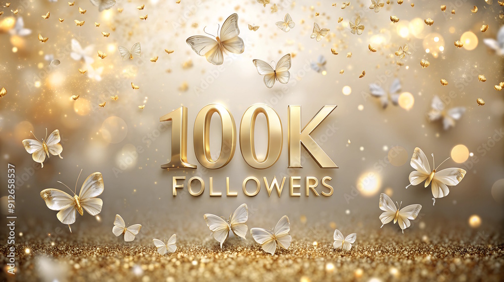 ภาพประกอบสต็อก 100k followers gold text with butterflies on blurred ...