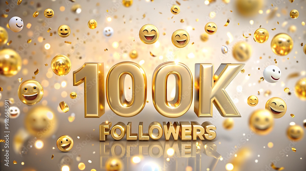 100k followers gold text with smile face emogi and confetti on blurred ...